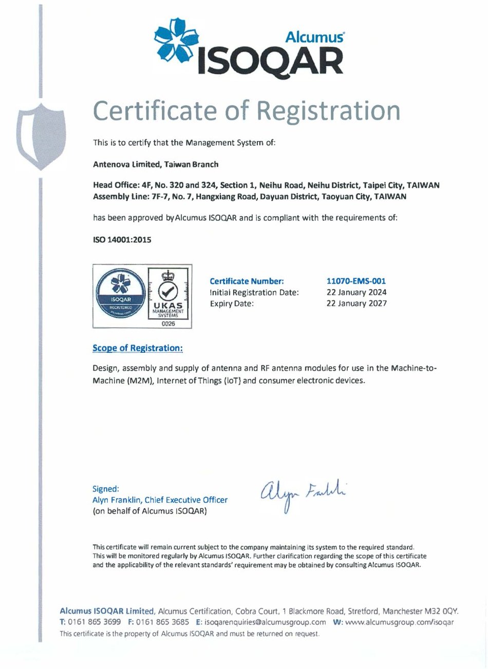 Antenova ISO 9001 2022 Certificate of Registration